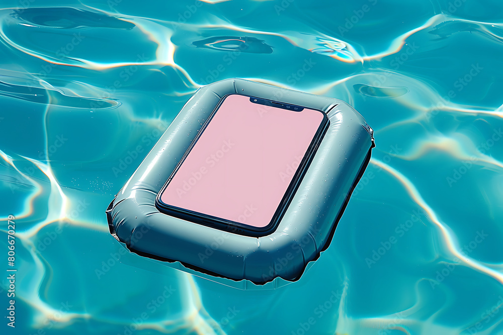 Smartphone on inflatable mattress floating in swimming pool at summer ...