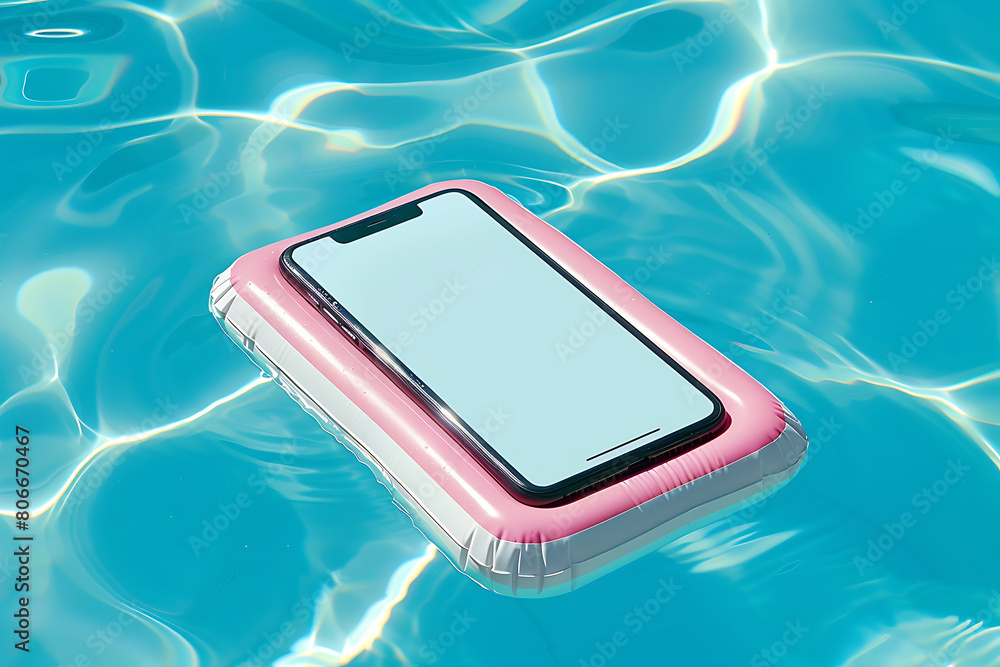 Smartphone on inflatable mattress floating in swimming pool at summer ...