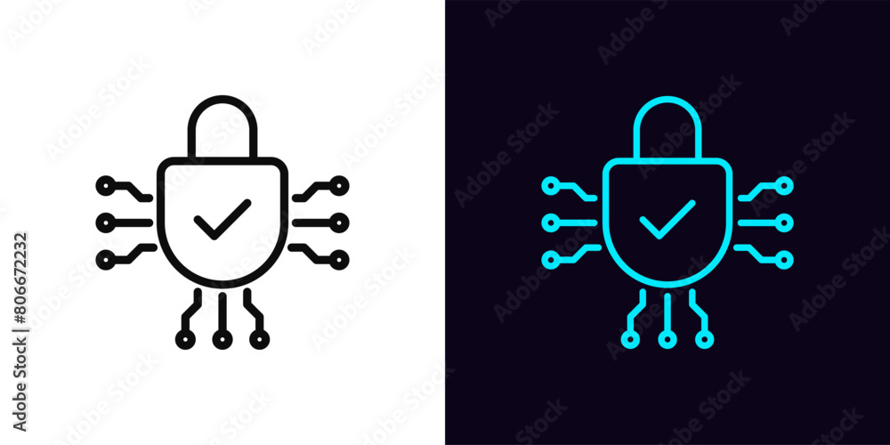 Outline digital lock icon, with editable stroke. Digital lock with tick ...