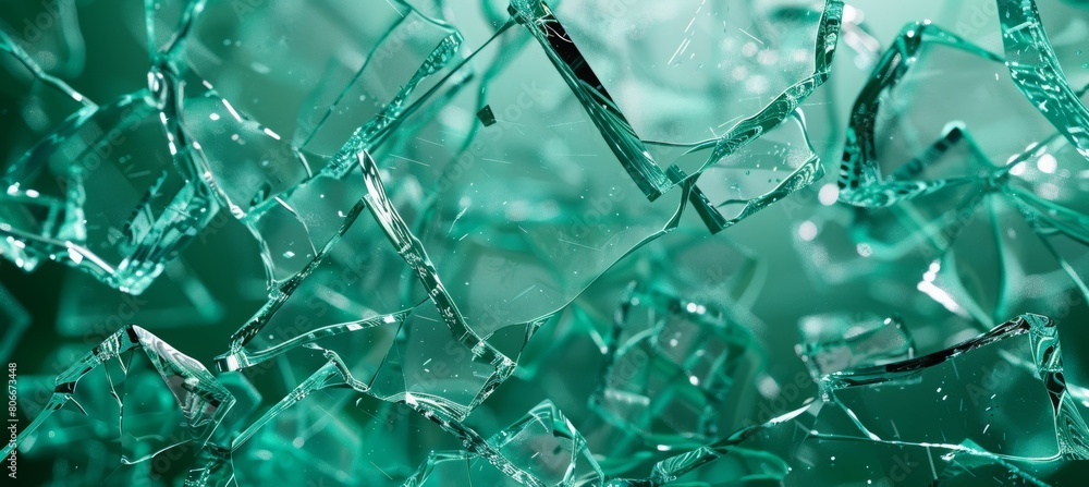 shattered glass texture, green background, dark teal and light emerald ...