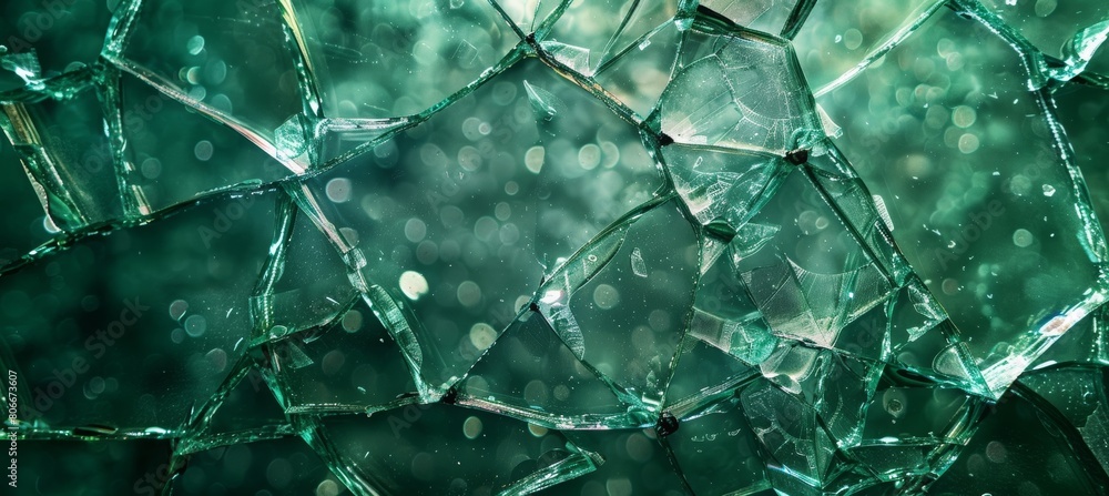 shattered glass texture, green background, dark teal and light emerald ...