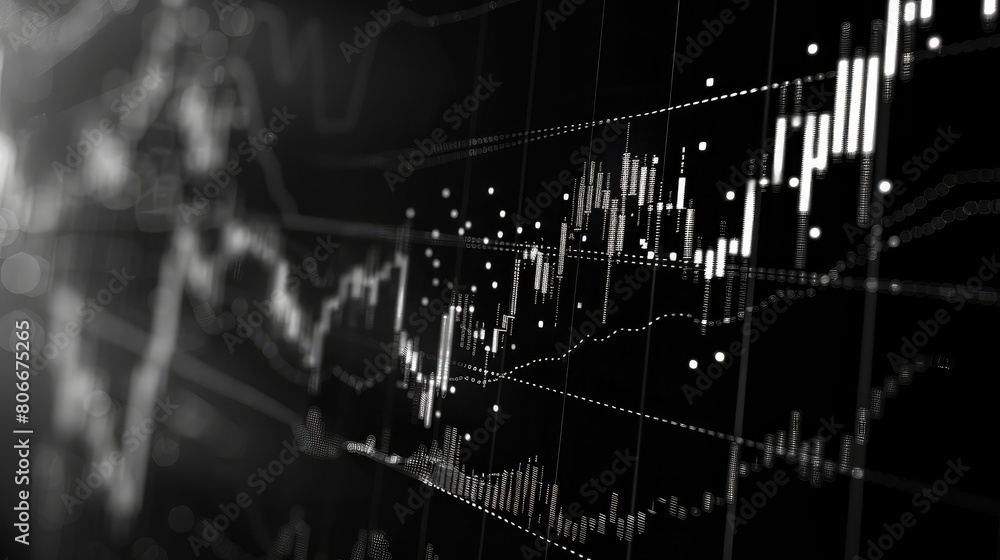 Widescreen abstract financial chart with uptrend line graph and candlestick on black and white ...