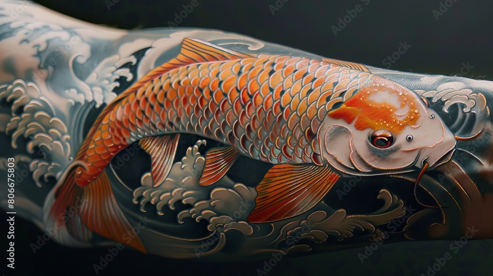 Striking koi fish tattoo, flowing gracefully on a forearm, representing ...