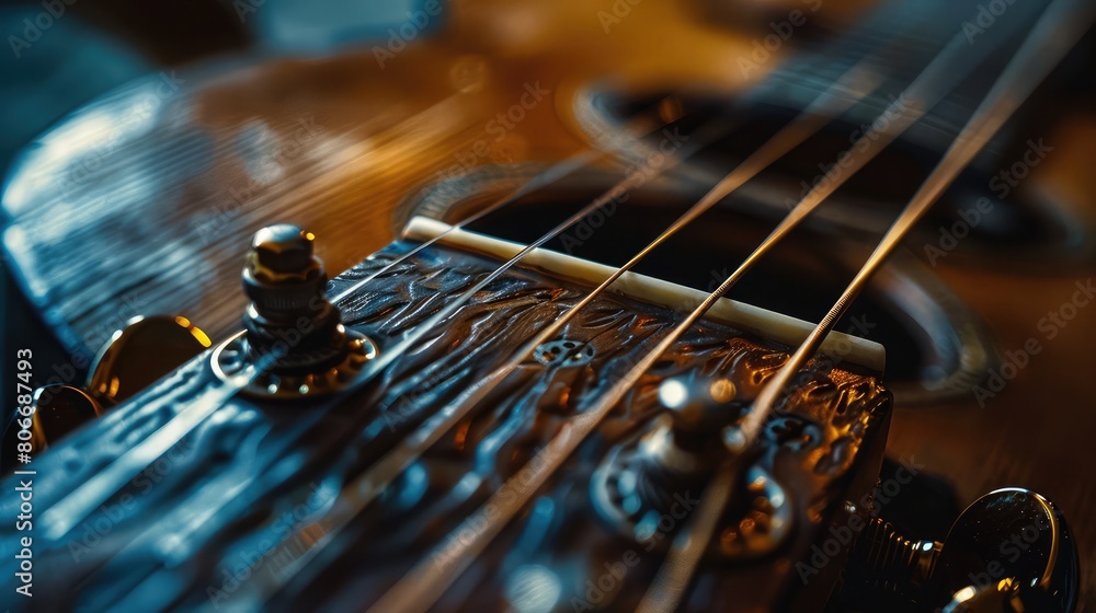 Headstock of an acoustic guitar. Details of the head with the nylon strings coiled on the tuning ...