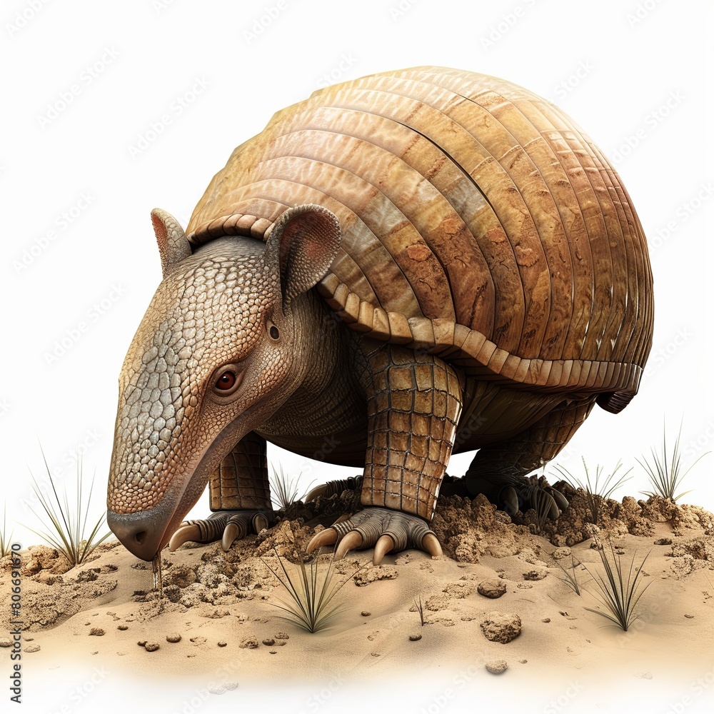 3D rendering cartoon of a giant armadillo digging burrows in ancient ...