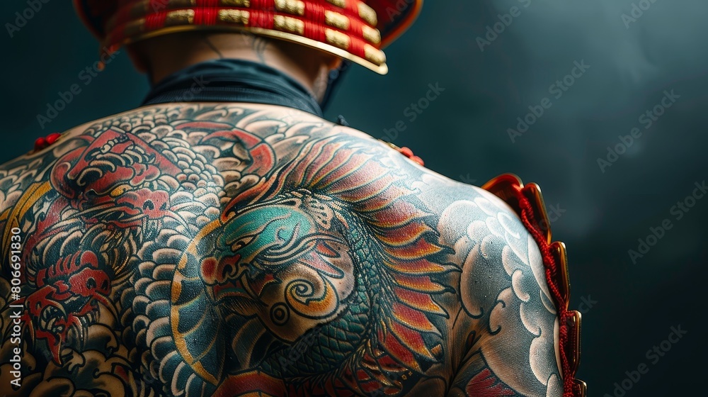 Intricate irezumi tattoo, featuring a fierce samurai warrior in battle ...