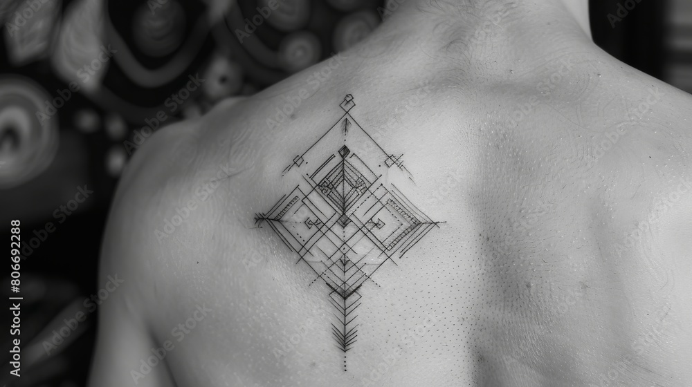 Intricate geometric tattoo featuring sharp lines and precise shapes, a ...