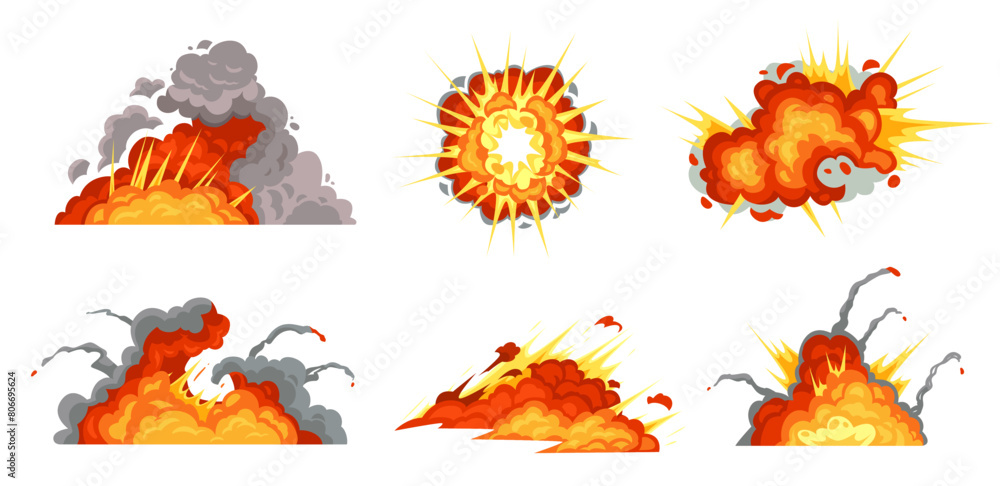 Cartoon explosions. Exploding bomb, fire cloud and explosion burst ...