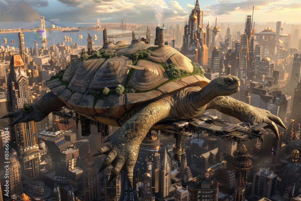 Bustling metropolis constructed on the back of a colossal, ancient ...