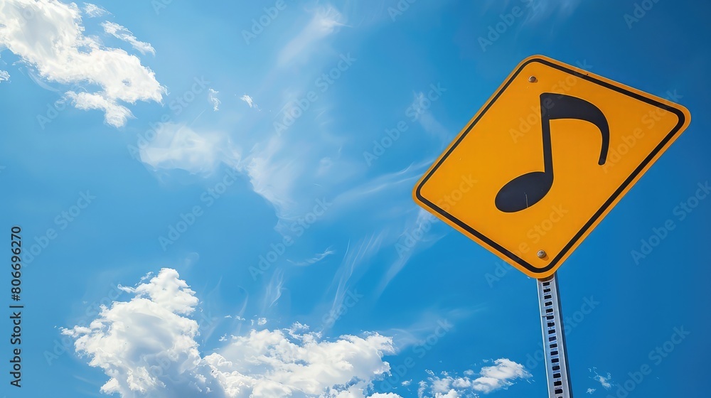 Music note background with some soft smooth lines: yellow road sign ...