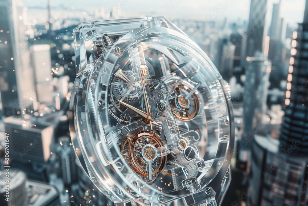 A mechanical watch, the whole is made of transparent material, all ...