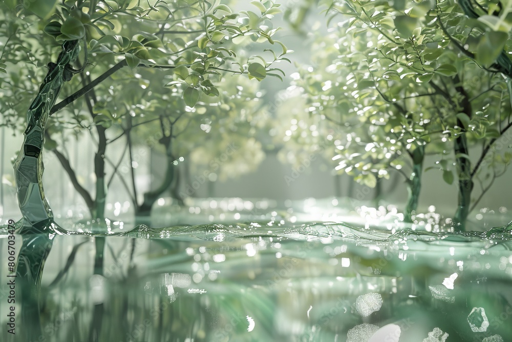 Glass forest where each tree is made of transparent glass, reflecting ...