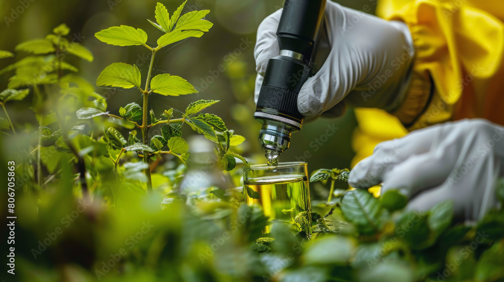 A scientist in gloves using a pipette to extract a sample from a plant ...