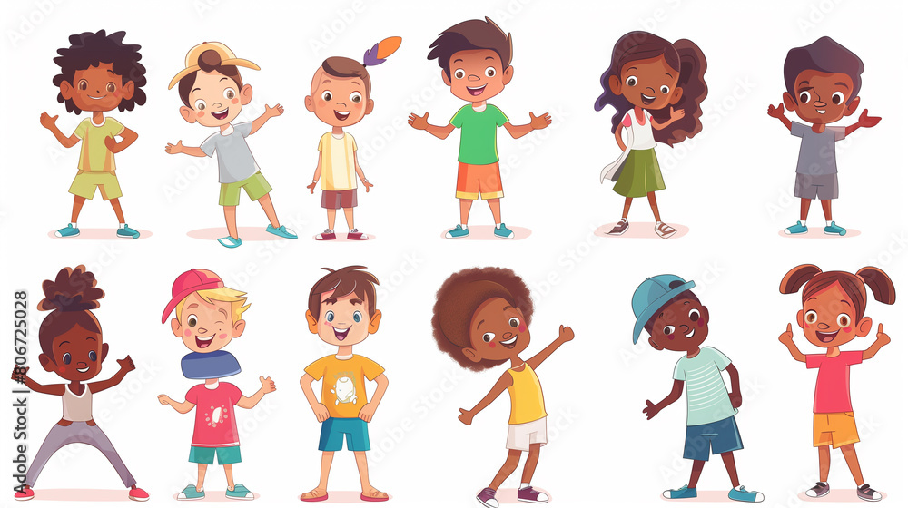 Happy kids cartoon collection. Multicultural children in different ...