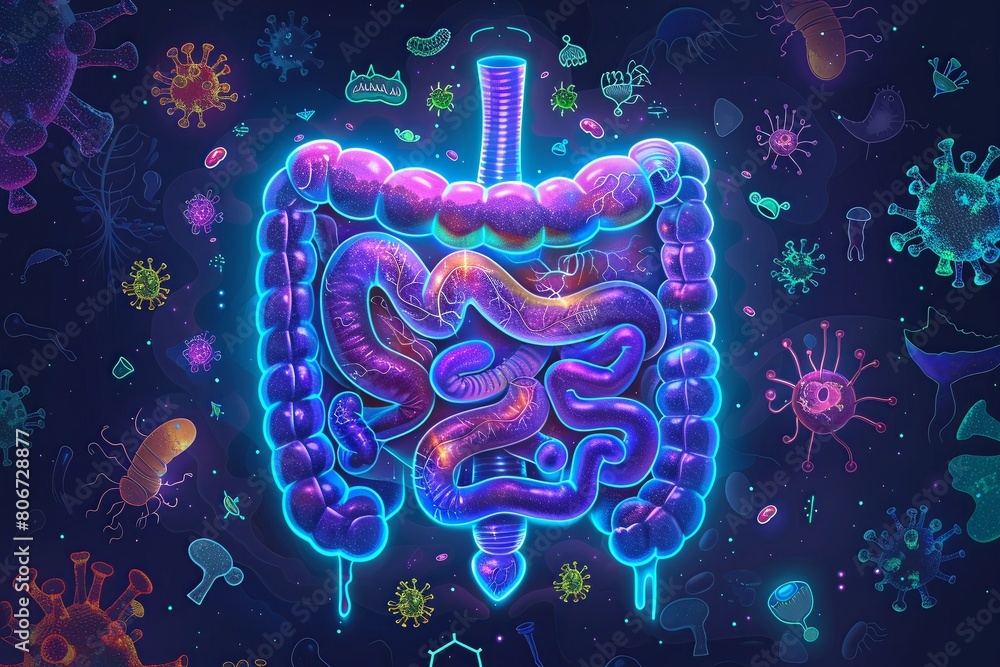 Illustration of the detox process in the large intestine with vibrant ...