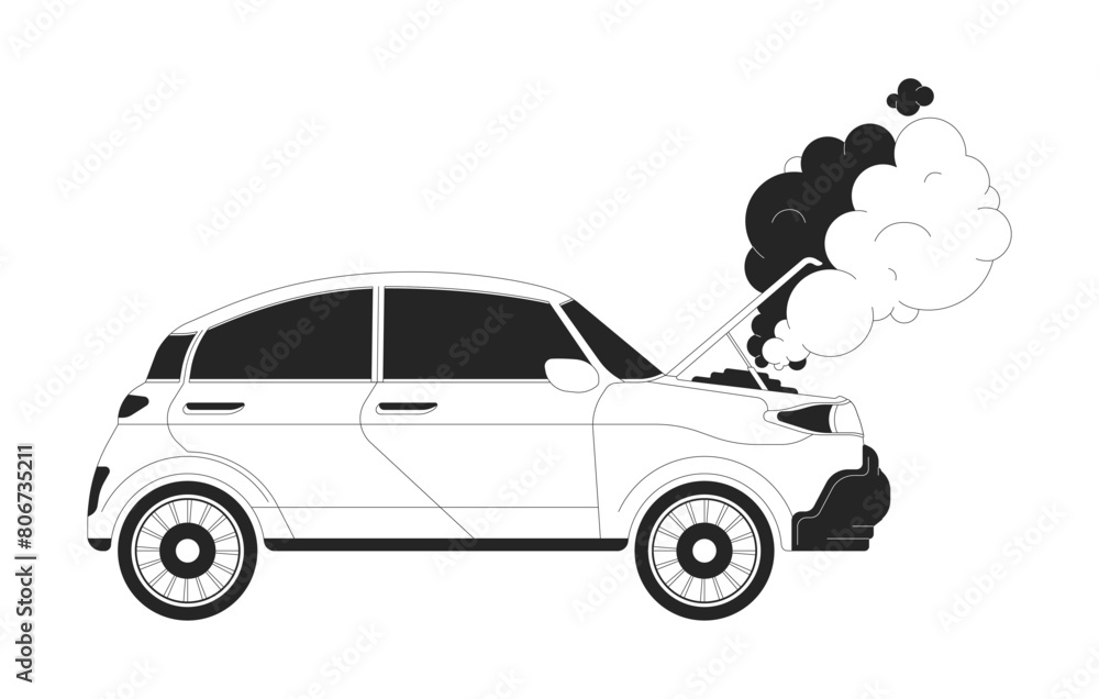 Smoke rising up from broken car black and white 2D line cartoon object ...