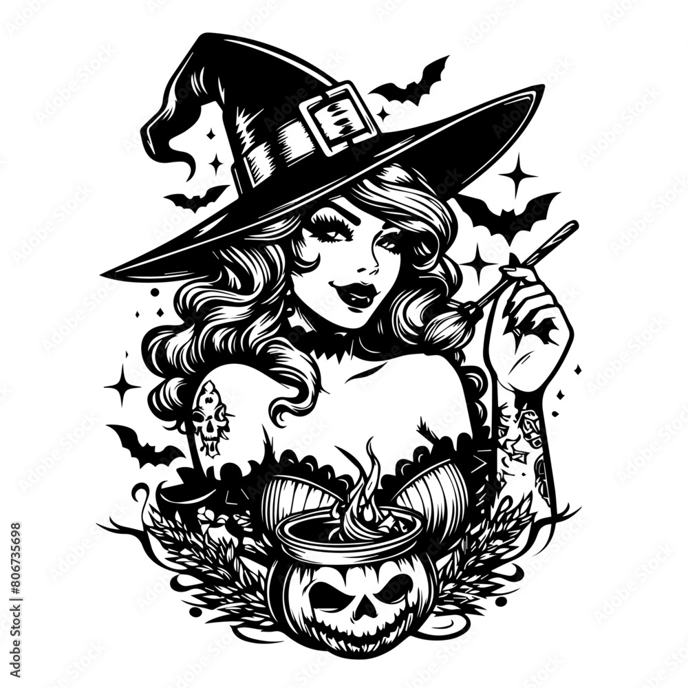 Vintage Pin Up Witch Vector Art Stock Vector | Adobe Stock