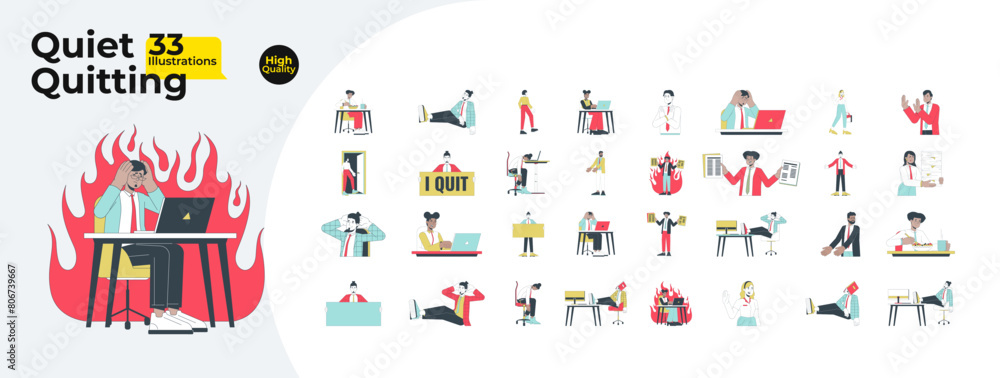 Quiet quitting trend at workplace line cartoon flat illustration bundle ...