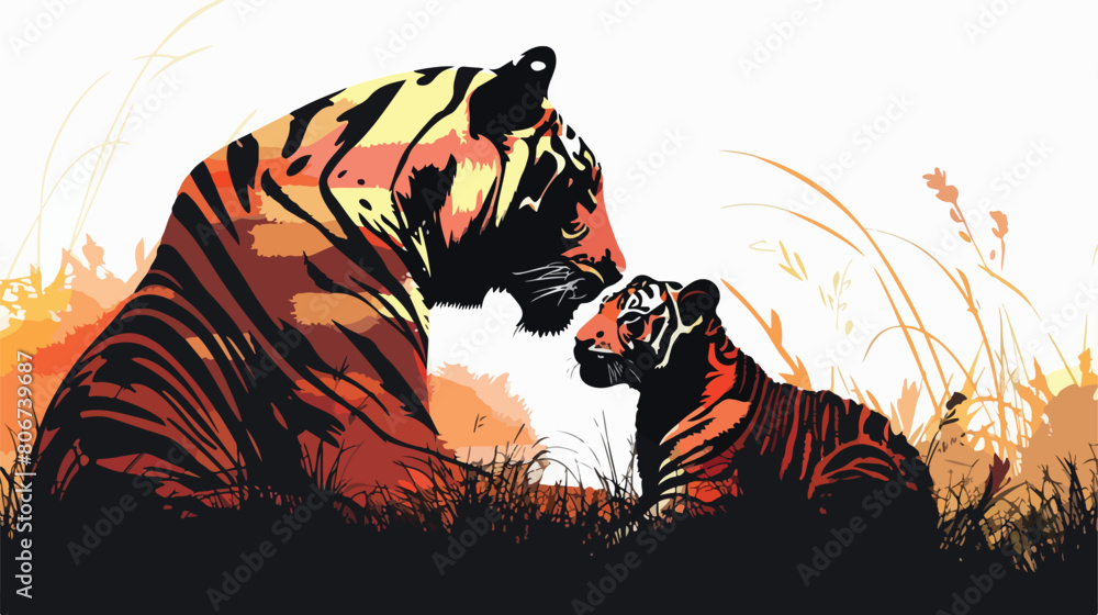 Cartoon tiger mom and cub over grass in color section Stock Vector ...