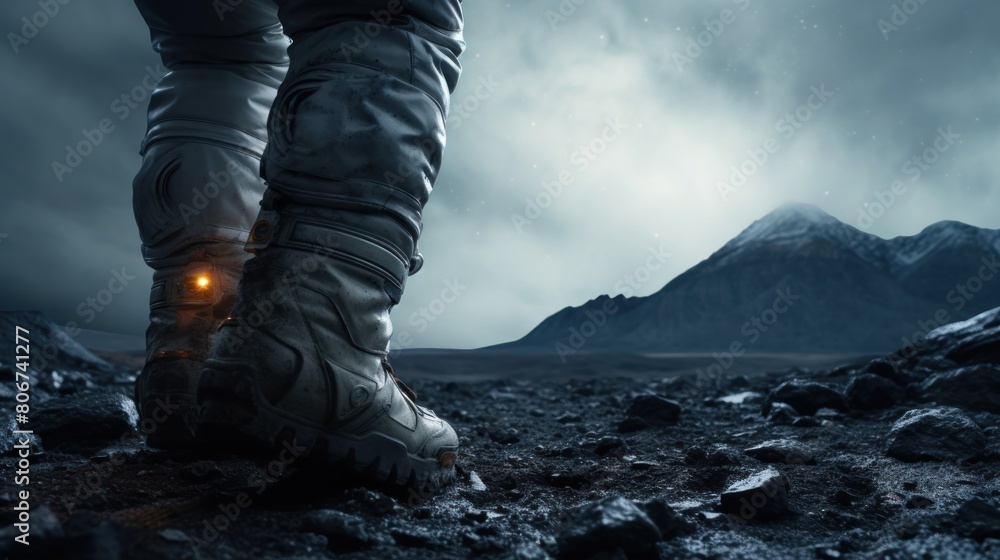 Astronaut exploring an exoplanet. Sci-fi colonist in spacesuit walks on ...