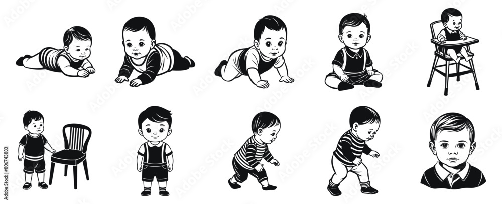 Baby boy development from infant to toddler vector illustration. Child ...