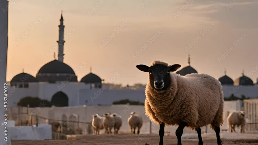 a group of sheep in front of the mosque with the sun rising, Eid Al ...