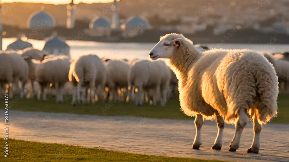 a group of sheep in front of the mosque with a clear sky, Eid Al Adha ...