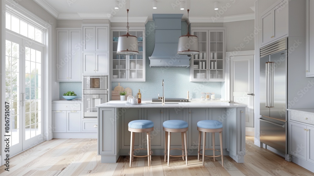 Soft gray kitchen cabinets with pale blue subway tile backsplash and ...