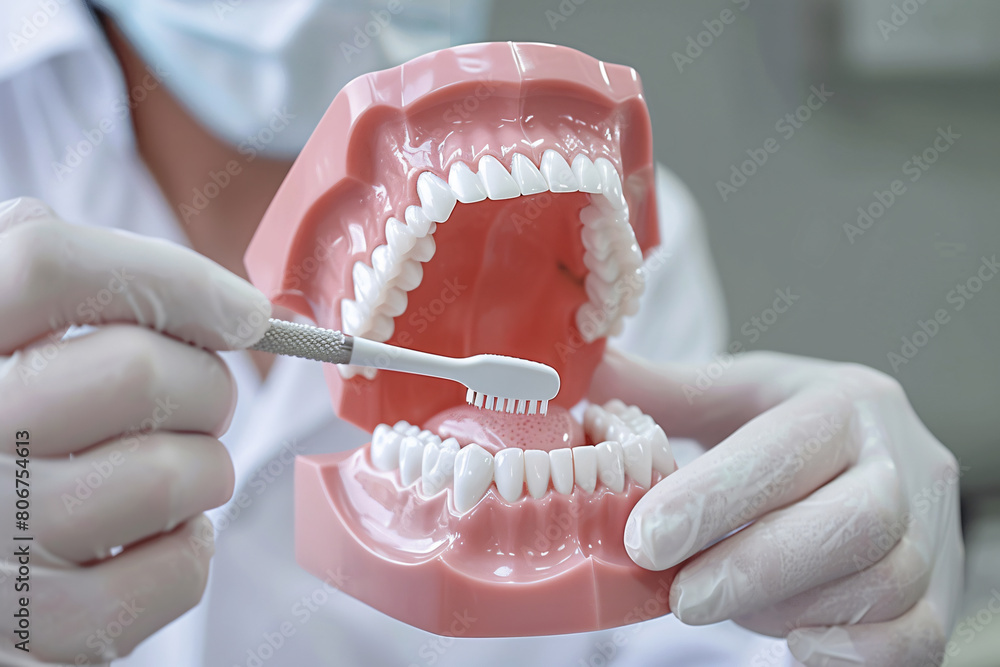 Dentist demonstrating proper brushing technique to elderly patient ...