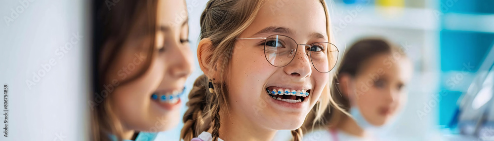 Orthodontist adjusting teenage girls colorful brackets and wires ...