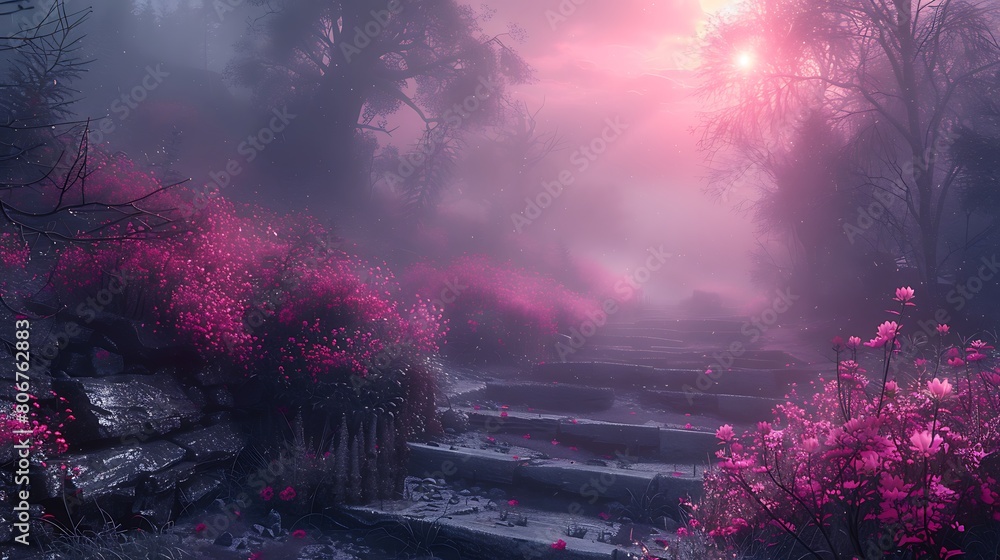 A panoramic scene of a mystical garden at dusk, where ghostly floral ...