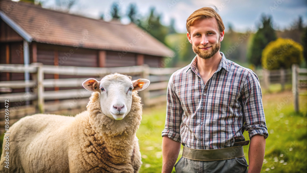 A farmer, in a straw hat, stands amidst his flock of sheep under the ...