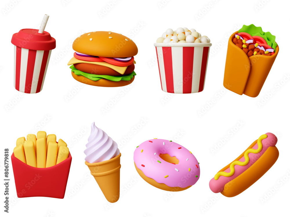 Food 3d icons. Drink, burger donut and ice cream cone. Render realistic ...