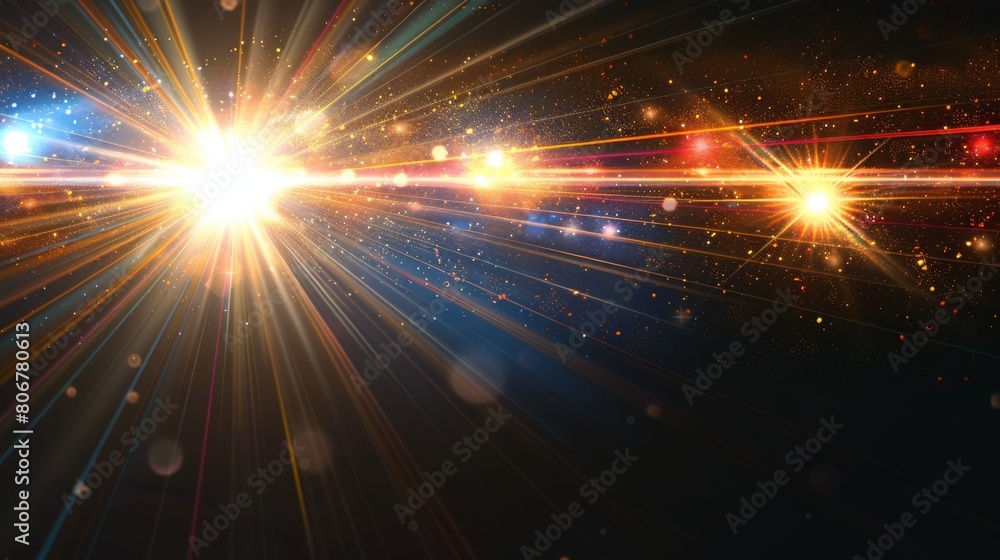 A high-contrast lens flare effect on a deep black background, designed ...