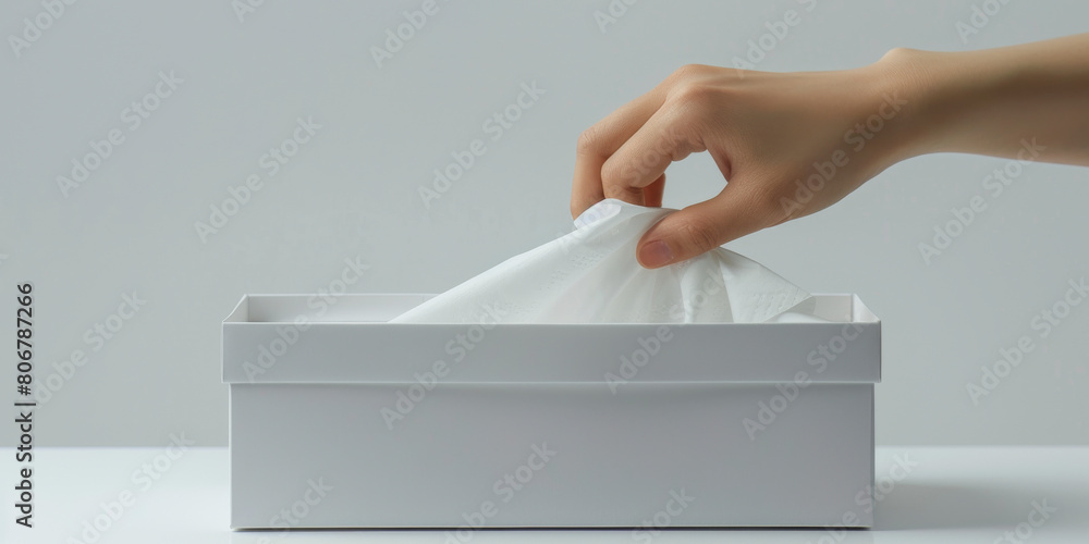 A hand pulling a tissue from a white rectangular box on a plain ...