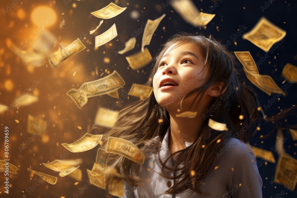 a child stands beneath a shower of money, their delighted expression ...