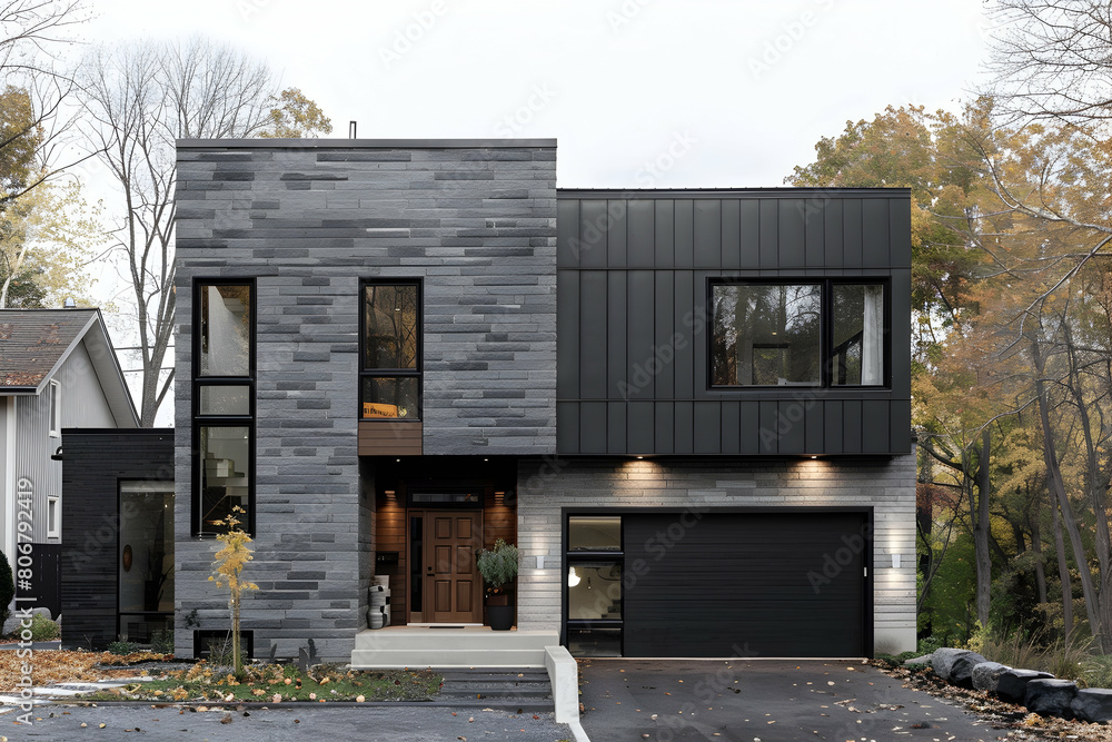 Foto de modern two story home, grey and black vertical slat stone ...