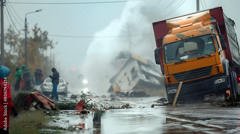 Disaster aftermath on foggy road with overturned vehicles and emergency ...
