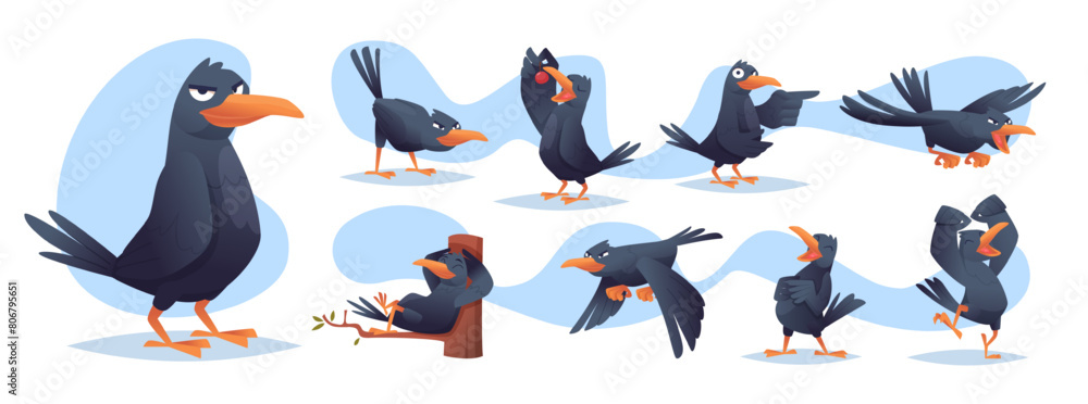 Black crows. Funny cartoon birds in different poses flying and standing ...