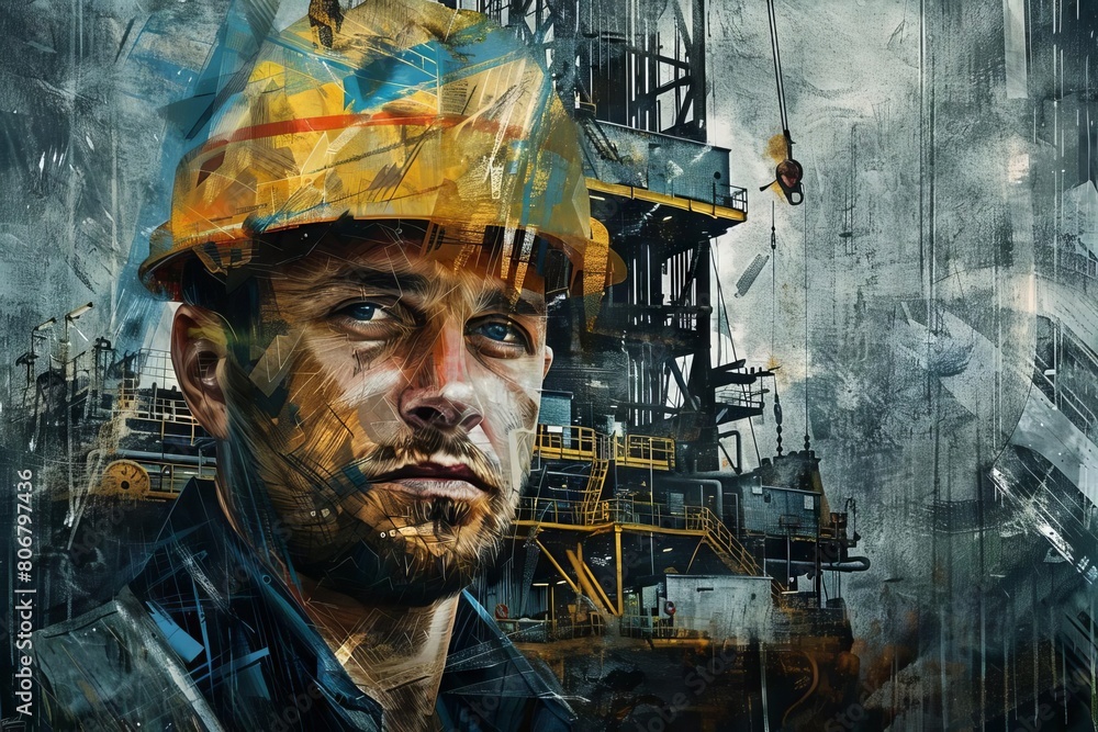 resolute oil rig worker rugged portrait industrial backdrop digital ...