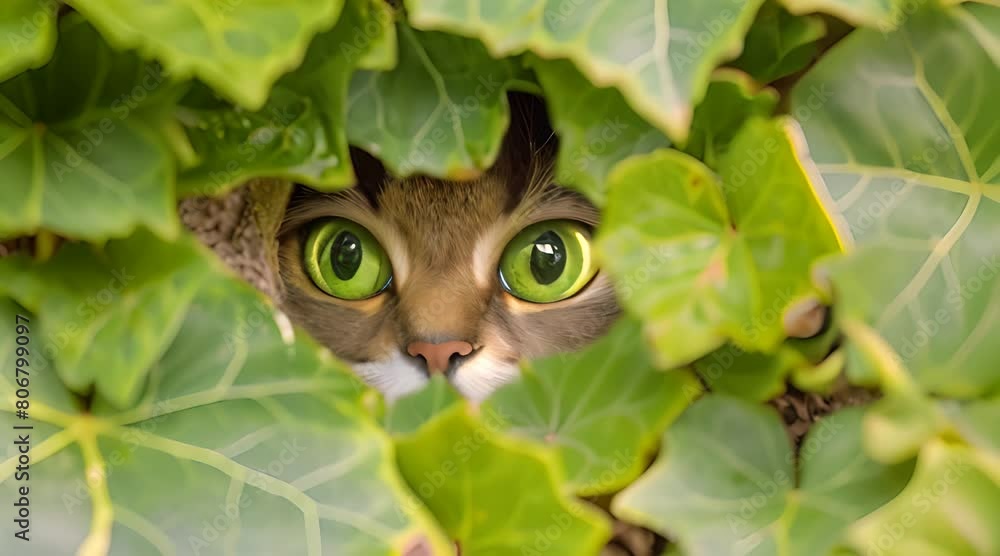Video Stock Close-up of cat eyes peering out from foliage, shrouded in ...