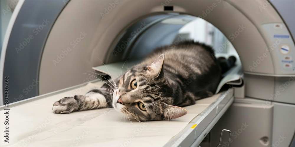 Cat in MRI scanner. A gray tabby cat lying calmly on the scanning table ...