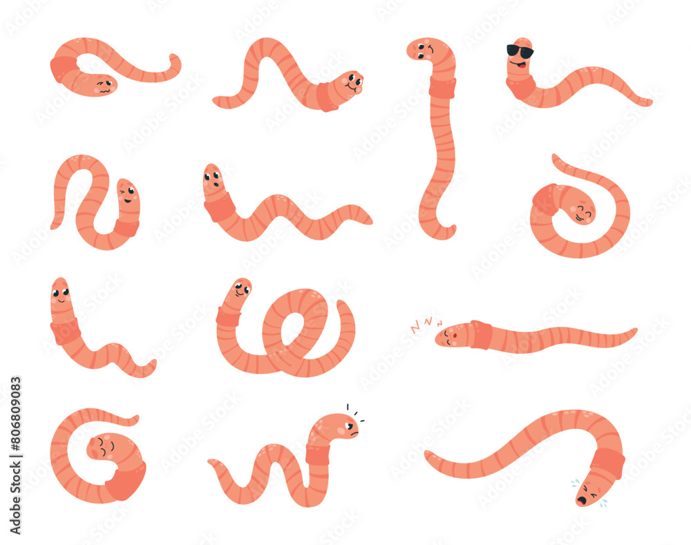 Cartoon worms characters. Earthworms mascots, worm creeping, sleeping ...