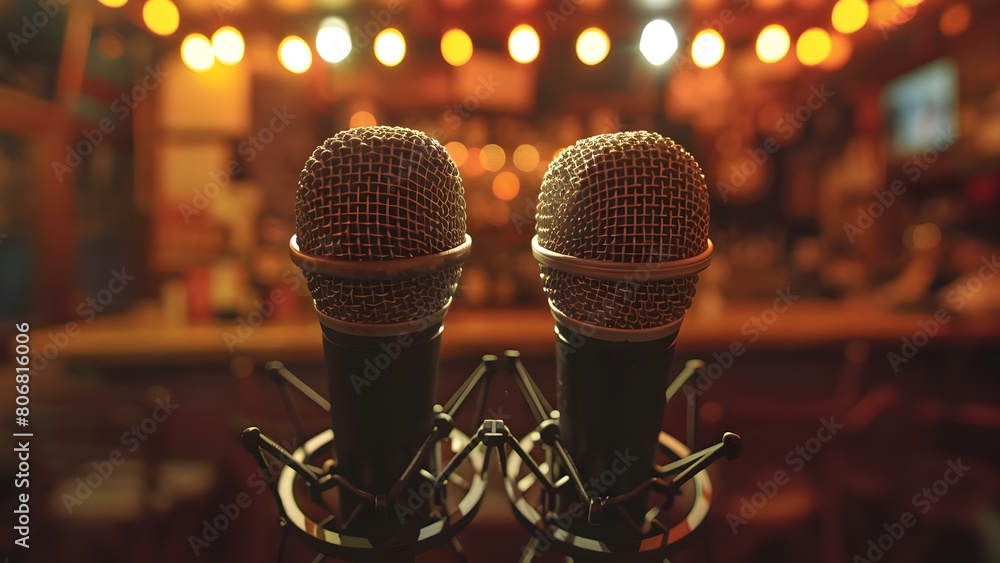 Setting up two microphones in a dimly lit room for media interviews or ...