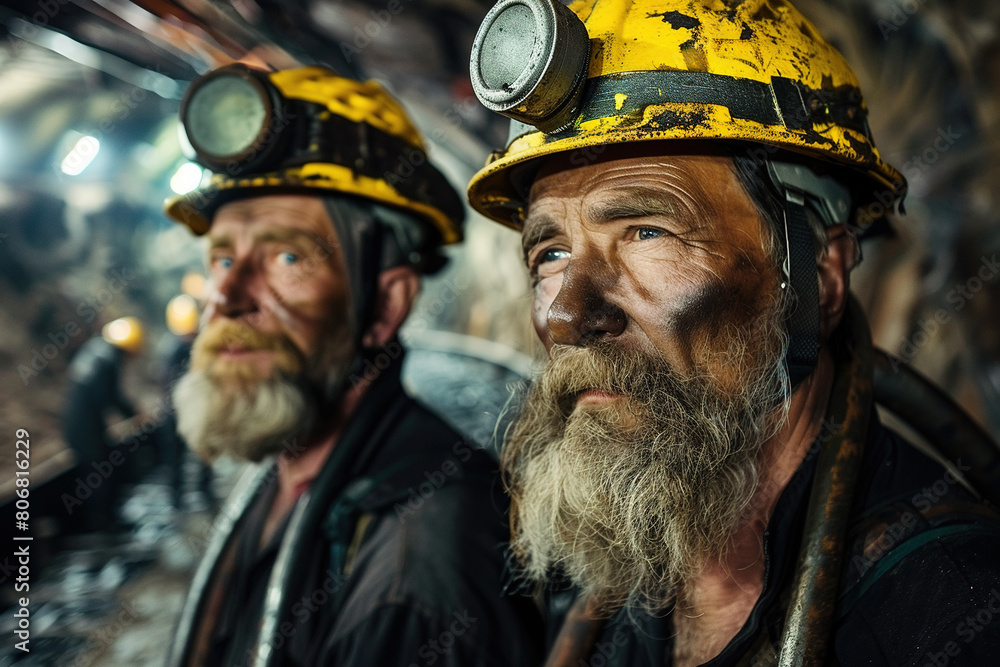 Two coal mine workers with dirty and tired faces wearing yellow helmets on their heads. Stock ...