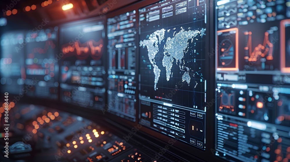 High-Tech Command Center with Global Monitoring Capabilities,Detailed view of a high-tech ...