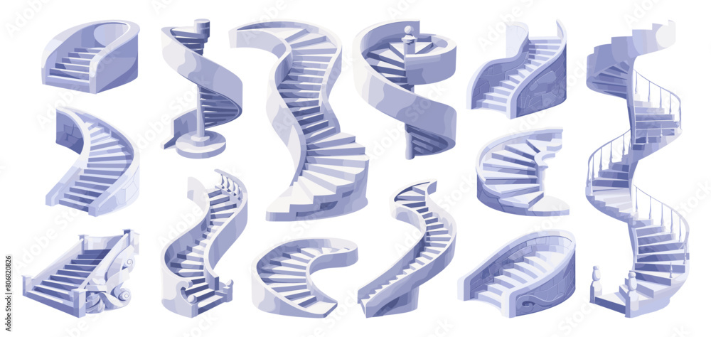 Cartoon Spiral Staircases. Icon Set Depicting Different Forms and Sizes ...