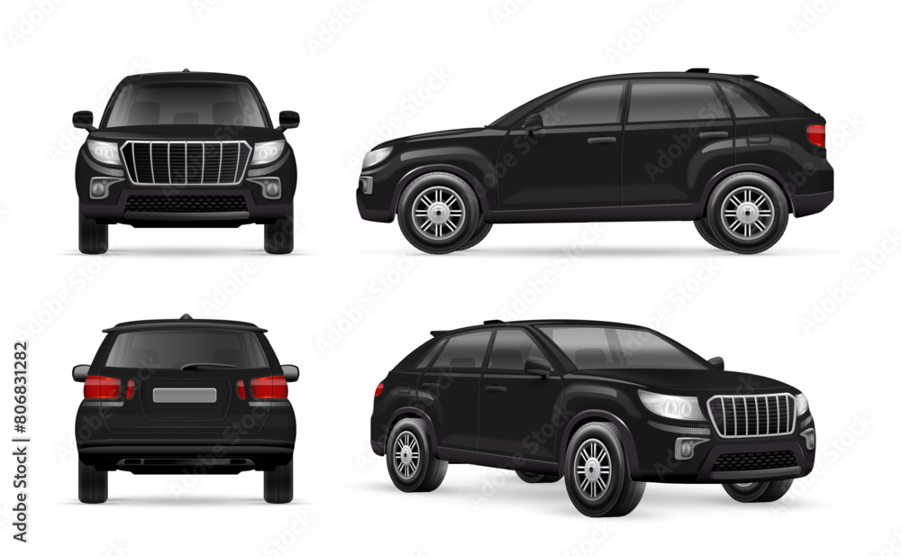Realistic black suv. 3d rover car, 4x4 automobile mockup side back view ...
