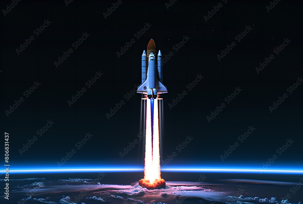 Space shuttle lifting off above planet, dramatic space exploration ...
