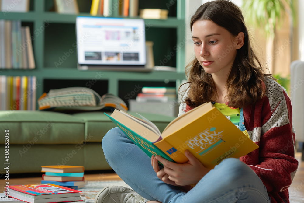 young woman learning language by reading a few books, while sitting on ...